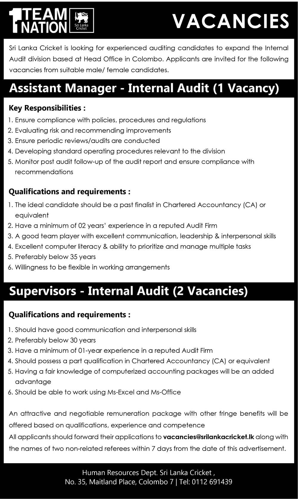 Assistant Manager, Supervisor - Sri Lanka Cricket