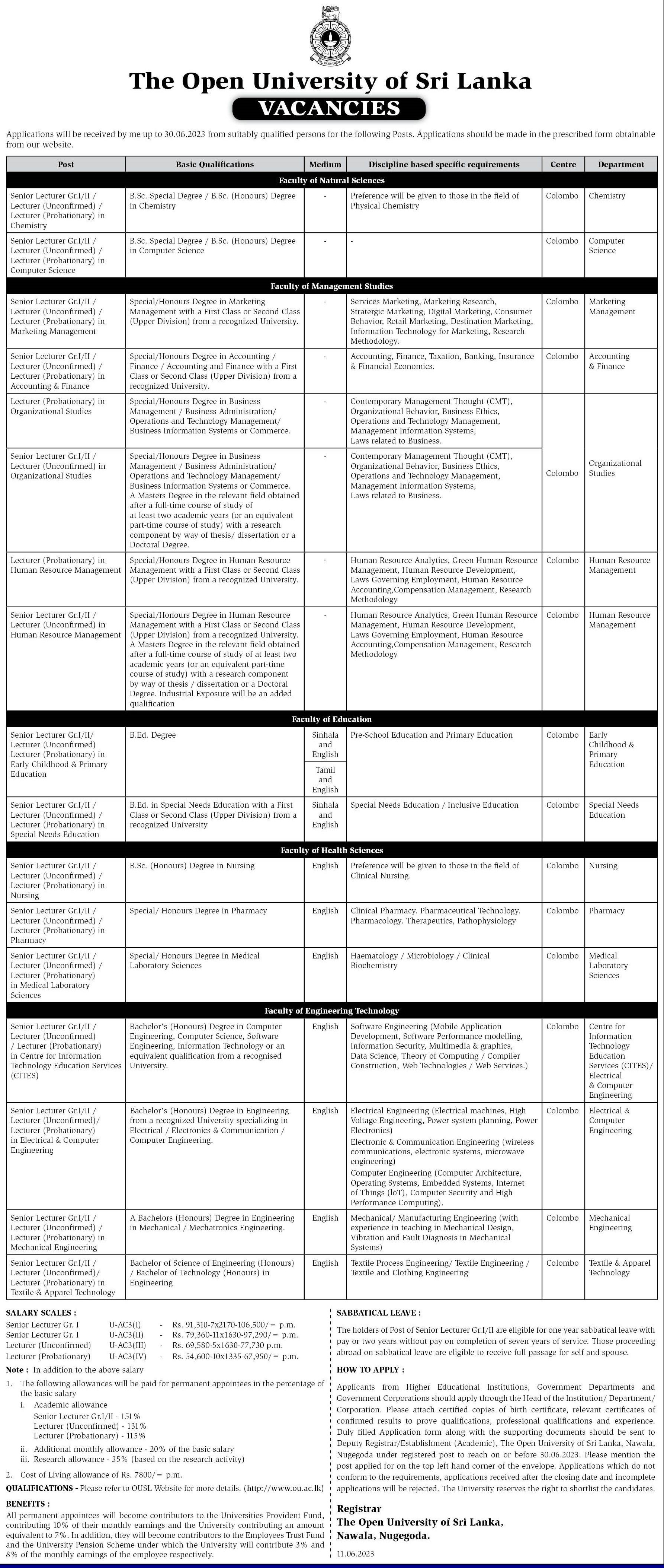 Lecturer, Senior Lecturer - Open University of Sri Lanka