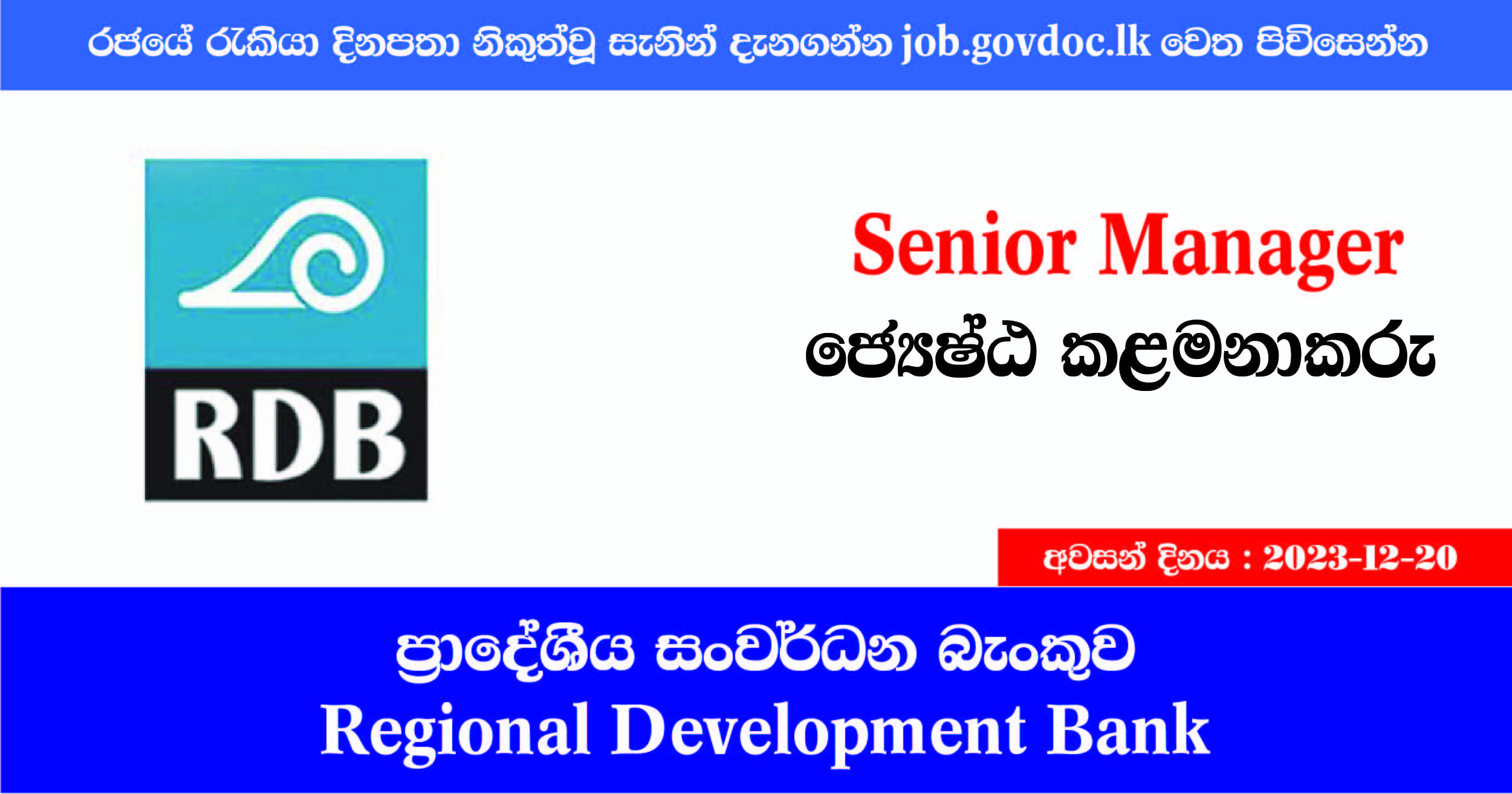 Senior Manager at Regional Development Bank - Government Jobs in Sri Lanka